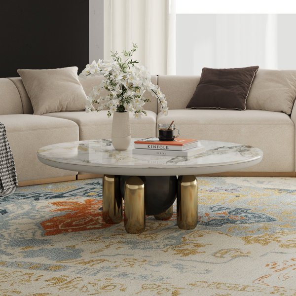 Everly Quinn 39" Round Metal and Stone Coffee Table with Hemisphere Base, Modern Luxury Design ...